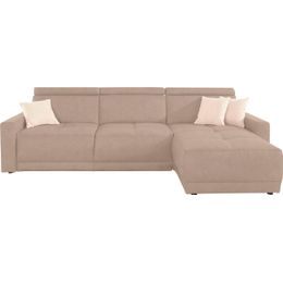 Ecksofa DOMO collection "Ava mit moderner Sitzheftung & toller Doppelnaht, komfortabel, L-Form", beige (natur), B:262cm H:84cm T:167cm, Kunstleder SOFTLUX;Struktur fein (100% Polyester);Zierkissen: Microfaser PRIMABELLE (100% Polyester);Struktur (100% Polyester);Microfaser PRIMABELLE (100% Polyester), Sofas, Ecksofa, mit Recamiere, inkl. Federkern, wahlweise mit Kopfteilverstellungen