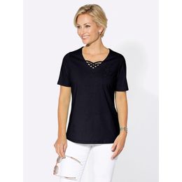Kurzarmshirt Classic Basics "Shirt", Damen, Gr. 44, blau (marine), 50% Baumwolle, 50% Modal, unifarben, V-Ausschnitt, Shirts Kurzarmshirt