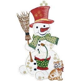 Fensterbild "Schneemann mit Katze" Gr. 1, rot (ecru, goldfarben, rot), B:21cm H:39cm, Polyester, W. REUTER & SOHN - PLAUENER SPITZE, Fensterbilder, Fensterbild, Made in Germany