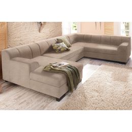 Wohnlandschaft Home Affaire "Falk klare Linien, zeitlos und komfortabel, U-Form", beige (natur), B:320cm H:77cm T:90cm, Luxus-Microfaser (100% Polyester);Microfaser PRIMABELLE (100% Polyester);Microfaser in Antiklederoptik (100% Polyester), Sofas, Wohnlandschaft, mit Federkern und wahlweise mit Bettfunktion