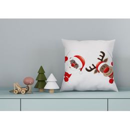 Dekokissen queence "Santa", beige (beige, rot, bedruckt), B:40cm L:40cm, Polyester, Dekokissen_Sitzkissen_Kissenh&uuml;llen, Dekokissen, Kissenh&uuml;lle,Weihnachtsmann,Rentier,Weihnachten,Festlich,Winterlich