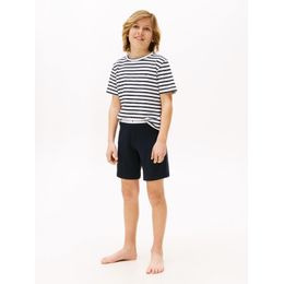 Pyjama "S/S JERSEY PJ SET", Jungen, Gr. 140/146, blau (breton stripe, desert sky), Jersey, Obermaterial: 95% Baumwolle, 5% Elasthan, Tommy Hilfiger Underwear, gestreift, bequem, Rundhals, abgesteppt, Homewear-Sets Pyjama, mit Logostickerei