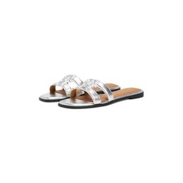 Pantolette Tommy Hilfiger "TH LOGO STRAP METALLIC MULE", Damen, Gr. 39, silber (silberfarben), Leder, Schuhe Pantolette, Blockabsatz, Sommerschuh, Flats, Bequemschuh mit TH-Logo