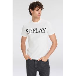 T-Shirt Replay, Herren, Gr. M, wei&szlig; (natural wei&szlig;), Jersey, Obermaterial: 100% Baumwolle, bedruckt, regular fit, Rundhals, Shirts T-Shirt, mit Logo-Frontprint
