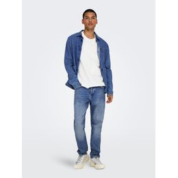 Only & Sons Tapered-fit-Jeans ONLY & SONS "ONSYOKE TAPERED MB 9360 DOT DNM NOOS", Herren, Gr. 28, L&auml;nge 30, medium blau denim, Denim/Jeans, Obermaterial: 99% Baumwolle, 1% Elasthan, Abriebeffekte, relaxed fit lang, Jeans Tapered-fit-Jeans