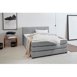 Boxspringbett OTTO products "Peetu", blau (graublau), B:170cm L:213cm, Struktur fein aus 100%-recyceltem Polyester, Komplettbetten, Boxspringbett, Taschenfederkern-Matratze, in 4 Breiten und 4 Farben, incl. Topper
