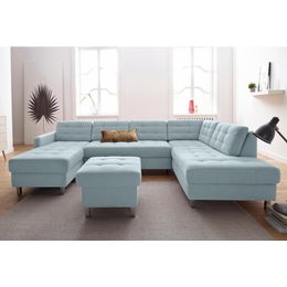 Sit & More Wohnlandschaft SIT & MORE "Picasso U-Form", blau (aqua), B:294cm H:80cm T:196cm, Luxus-Microfaser ALTARA NUBUCK (100% Polyester) / Struktur fein (100% Polyester);Luxus-Microfaser ALTARA NUBUCK (100% Polyester);Luxus-Microfaser ALTARA NUBUCK (100% Polyester) / Struktur (100% Polypropylen), Sofas, Wohnlandschaft, wahlweise mit Bettfunktion und Bettkasten