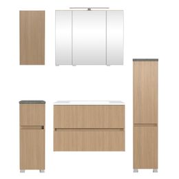 Badm&ouml;bel-Set Welltime "EIXO, 5tlg.-Set: Spiegelschrank, Waschtisch und Beim&ouml;bel", braun (eiche hell), B:140cm H:200cm T:47cm, Holzwerkstoff, Kastenm&ouml;bel-Sets, Badm&ouml;bel-Set, Set 140 cm breit, Badm&ouml;bel mit LED-Beleuchtung