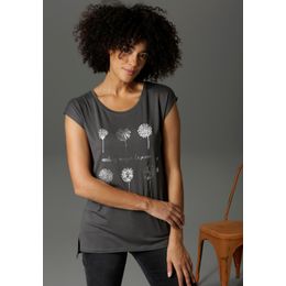 T-Shirt Aniston CASUAL, Damen, Gr. 46, grau (anthrazit, wei&szlig;, silberfarben), Single Jersey, Obermaterial: 95% Viskose, 5% Elasthan, Glitzermuster, bedruckt, figurumspielend Po-bedeckend, Rundhals, Shirts T-Shirt, mit Frontdruck, teilweise glitzernder Folienprint
