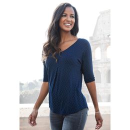 Kurzarmshirt Lascana "mit Kellerfalte", Damen, Gr. 36/38, blau (navy, gepunktet), Obermaterial: 96% Viskose, 4% Elasthan, gemustert, ausgestellt, V-Ausschnitt, Shirts Kurzarmshirt, aus weichem Viskose-Stretch
