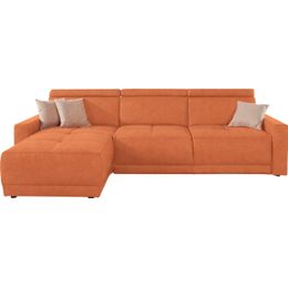 Ecksofa DOMO collection "Ava mit moderner Sitzheftung & toller Doppelnaht, komfortabel, L-Form", orange (terrakotta), B:262cm H:84cm T:167cm, Kunstleder SOFTLUX;Struktur fein (100% Polyester);Zierkissen: Microfaser PRIMABELLE (100% Polyester);Struktur (100% Polyester);Microfaser PRIMABELLE (100% Polyester), Sofas, Ecksofa, mit Recamiere, inkl. Federkern, wahlweise mit Kopfteilverstellungen