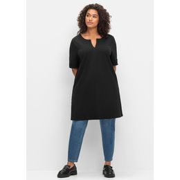 Longshirt sheego "Longshirt", Damen, Gr. 52/54, schwarz, 100% Baumwolle, unifarben, V-Ausschnitt, Shirts Longshirt