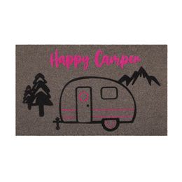 Fu&szlig;matte Wecon Home "Happy Camper", grau (grau,schwarz), B:60cm H:18mm L:90cm, Kokos, Teppiche, Fu&szlig;matte, rutschfest, robust, innen, Au&szlig;enbereiche &uuml;berdacht, schwer
