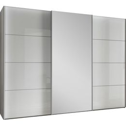 Schwebet&uuml;renschrank Wiemann "Kos", grau (kieselgrau, dekor, glas wei&szlig;, kristallspiegel), B:278,9cm H:217cm T:67cm, Glas, Holzwerkstoff, Schr&auml;nke, Schwebet&uuml;renschrank, mit Spiegelt&uuml;r und Schattenfuge