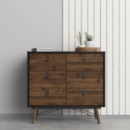 Kommode Andas "Ry Aufbewahrung, Schubladenschrank, Stauraum", braun (schwarz matt, walnuss), B:101,8cm H:94,8cm T:40,1cm, Holzwerkstoff, Sideboards, Kommode, Sideboard mit 6 Schubladen, Breite 102 cm, H&ouml;he 95 cm, Massivholzbeine