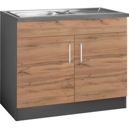 Sp&uuml;lenschrank KOCHSTATION "KS-Colmar", grau (wotaneiche, grafitgrau), B:100cm H:85cm T:60cm, Holzwerkstoff, Schr&auml;nke, Sp&uuml;lenschrank, 100 cm, mit Metallgriff