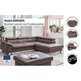 Ecksofa COTTA "Komaris L-Form, B: 249 cm", schwarz, B:249cm H:72cm T:100cm, Microfaser PRIMABELLE (100% Polyester);Kunstleder SOFTLUX;Feinstruktur (100% Polyester);Kunstleder SOFTLUX/Struktur (100% Polyester);NaturLEDER, Sofas, Ecksofa, mit Kopfteilverstellung, optional Bettfunktion, Bettkasten & Licht