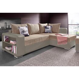 Ecksofa Collection AB "John L-Form", braun (elefant, cappuccino), B:226cm H:85cm T:160cm, Zierkissen: 100% Polyester;Struktur (100% Polyester);Kunstleder SOFTLUX / Struktur (80% Polyester; 20% Polyacryl);Microfaser PRIMABELLE (100% Polyester) / Struktur (100% Polyester), Sofas, Ecksofa, mit Bettfunktion, Bettkasten und integriertem Regal