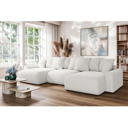 Wohnlandschaft Home Affaire "LAKESIDE mit Bettfunktion und Bettkasten, Ma&szlig;e B/T/H: 332,5/142/84 cm", wei&szlig;, B:332,5cm H:84cm T:142cm, 100% Polyester, Sofas, Wohnlandschaft, U‑Form mit vielen Kissen und Wellenunterfederung