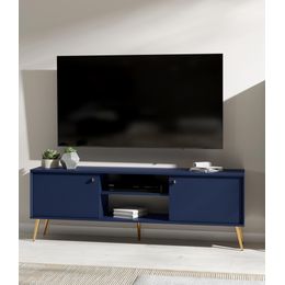 Lowboard Home Affaire "ROMILDA TV-Schrank mit 2 T&uuml;ren und einem Fach, B/T/H: 156/40,5/54,8 cm", dunkelblau, B:156,2cm H:54,8cm T:40,5cm, Melamin, Sideboards, Lowboard, Dunkelblaue TV-Kommode mit goldenen Akzenten, viel Stauraum
