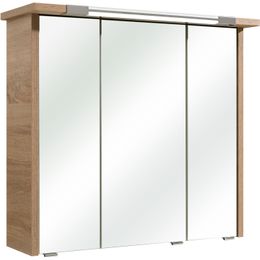 Spiegelschrank SAPHIR "Quickset 382 Badschrank, 3 Spiegelt&uuml;ren, 6 Einlegeb&ouml;den, 75 cm breit", braun (eiche natur), B:75cm H:72cm T:20cm, Holzwerkstoff, Schr&auml;nke, Spiegelschrank, inkl. LED-Beleuchtung, T&uuml;rd&auml;mpfer, Schalter-/Steckdosenkombination