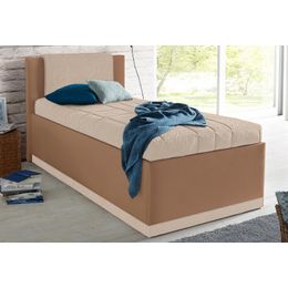 Polsterbett, braun (braun, beige), B:117cm L:212cm, Bezug Bett: Microfaser (100% Polyester);Bonnell-Federkernmatratze: Frottee (100% Polyester);Tonnentaschen-Federkernmatratze: 80% Baumwolle und 20% Polyester, Bezug abnehm- und waschbar bis 60C;Tagesdecke: Microfaser (100% Polyester), Westfalia Schlafkomfort, Betten, Polsterbett, mit Bettkasten und Tagesdecke