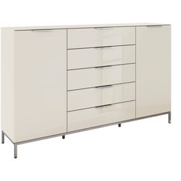 Schubkastenkommode Rauch "Kommode T&uuml;rkommode Sideboard Kombikommode FLIPP mit Glasfront", beige (beige, glas beige (champagner)), B:180cm H:110cm T:42cm, Holzwerkstoff, Sideboards, Schubkastenkommode, 2-t&uuml;rig, 5 Schubladen, Soft-Close, Oberboden und Front Glas, 2 Breiten