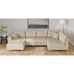 Wohnlandschaft Home Affaire "CHARRE U-Form mit Ottomane, Ma&szlig;e B/T/H: 310/161/81 cm", beige, B:310cm H:81cm T:161cm, 100% Polyester, Sofas, Wohnlandschaft, feine Steppung, lose R&uuml;cken- und Zierkissen, auch in Cord und Boucl&eacute;