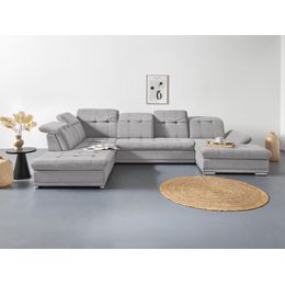 Wohnlandschaft COTTA "Holiday U-Form mit Sitztiefen-, Armteil- und Kopfteilverstellung", grau, B:386cm H:86cm T:265cm, 90% Polyester, 10% Polyamid, Sofas, Wohnlandschaft, wahlweise mit Bettfunktion & Bettkasten