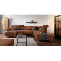 Wohnlandschaft Home Affaire "Manhattan U-Form", braun (cognac), B:345cm H:102cm T:247cm, Luxus Microfaser2 (90% Polyester, 10% Polyamid);Flachgewebe (100% Polyester);Luxus-Microfaser1 (100% Polyester), Sofas, Wohnlandschaft, 2 Sitze mit elektrischer Relaxfunktion, verstellbare Armlehnen
