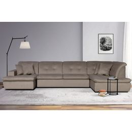 Wohnlandschaft Home Affaire "BRISBANE NEU U-Form", grau (taupe), B:380cm H:83cm T:202cm, 100% Polyester, Sofas, Wohnlandschaft, mit feiner Steppung, Matten-Optik, incl. Zierkissen