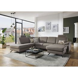 Wohnlandschaft DIE PLANBAR "PN-EM15047 U-Form, mit Kopfst&uuml;tzen", artischocke, B:309cm H:104cm T:235cm, Sofas, Wohnlandschaft, Echtleder, wahlweise mit Bettfunktion u. Stauraum