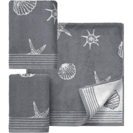 Handtuch Set Dyckhoff "Seashell", grau, 3 Stk., Walkfrottee, Walkfrottee, Obermaterial: 100% Baumwolle, Handtuch-Sets, Handtuch Set, mit Muschelmuster; 2 Handt&uuml;cher (50x100cm), 1 Duschtuch (70x140cm)