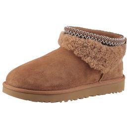 UGG Australia Schlupfboots UGG "CLASSIC ULTRA MINI MAXI CURLY", Damen, Gr. 6 (37), braun (chestnut), Lammfell, Veloursleder, Schuhe Schlupfboots, Winterstiefel, Snowboots mit Ethno-Textilband am Schaftrand