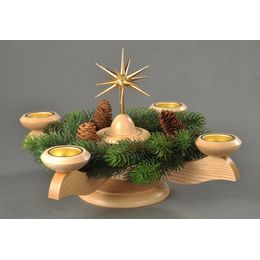 Adventsleuchter Albin Preissler "mit Weihnachtsstern und Tannenkranz, Handwerkskunst aus dem Erzgebirge", beige (natur), B:29cm H:26cm T:29cm, Massivholz, Kerzenhalter, Adventsleuchter, &Oslash; 29 cm, Weihnachtsdeko aus Holz