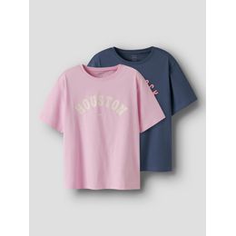 T-Shirt name it "NKFKASSANDRA 2P SS NREG TOP PB", M&auml;dchen, Gr. 122/128, blau indigo pack:pack w piruette, Jersey, Obermaterial: 100% Baumwolle, bedruckt, regular fit normal, Rundhals, Shirts T-Shirt