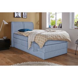 Boxspringbett Hapo, blau (hellblau, strukturstoff), Liegefl&auml;che B/L: 100cm x 200cm, kein H&auml;rtegrad, Bonnell-Federkernmatratze, Kopfteil, seitliche Unterbox und Obermatratze sind mit pflegeleichtem Feinstrukturstoff in Leinenoptik (100% Polyester) oder Kunstleder bezogen;Die Oberseite der Unterfederung und die Ober- und Unterseite der Obermatratze sind jeweils mit einem rutschhemmenden Stoff aus 10