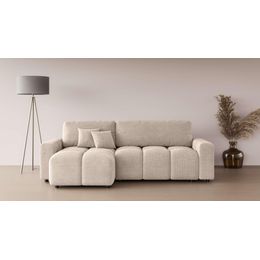 Ecksofa Home Affaire "FELICI, Schlafsofa 233cm, L-Form mit Recamiere beidseitig montierbar", beige, B:233cm H:88cm T:142cm, 100% Polyester, Sofas, Ecksofa, Designsofa mit Bettfunktion und Bettkasten, Ma&szlig;e B/T/H: 233/142/88 cm