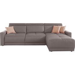 Ecksofa DOMO collection "Ava mit moderner Sitzheftung & toller Doppelnaht, komfortabel, L-Form", braun (schlamm), B:262cm H:84cm T:167cm, Kunstleder SOFTLUX;Struktur fein (100% Polyester);Zierkissen: Microfaser PRIMABELLE (100% Polyester);Struktur (100% Polyester);Microfaser PRIMABELLE (100% Polyester), Sofas, Ecksofa, mit Recamiere, inkl. Federkern, wahlweise mit Kopfteilverstellungen