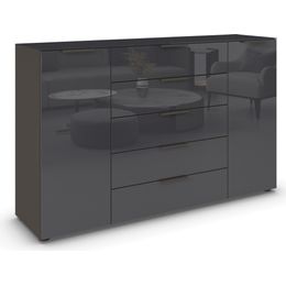 Schubkastenkommode Rauch "Kommode T&uuml;rkommode Sideboard Kombikommode FLIPP mit Glasfront", grau (graphit, glas basalt), B:160cm H:99cm T:42cm, Holzwerkstoff, Sideboards, Schubkastenkommode, 2-t&uuml;rig, 5 Schubladen, Soft-Close, Oberboden und Front Glas, 2 Breiten