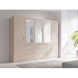 Kleiderschrank Home Affaire "KOS Garderobe mit 6 Schubladen, Kleiderstange, 5 Einlegeb&ouml;den, Spiegel", beige, B:250cm H:200,5cm T:58cm, Melamin, Schr&auml;nke, Kleiderschrank, Kleiderschrank mit 5 T&uuml;ren, goldenen Griffen, Ma&szlig;e B/H/T 250/200/58 cm