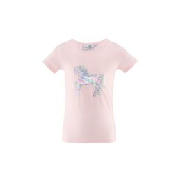 T-Shirt happy girls, M&auml;dchen, Gr. 104, rosa (rose), Jersey, Obermaterial: 98% Baumwolle, 2% Elasthan, bedruckt, regular fit normal, Rundhals, abgesteppte Kante, Shirts T-Shirt, mit hochwertigem Pailletten-Einhorn-Motiv
