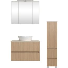 Badm&ouml;bel-Set Welltime "EIXO, Set aus Spiegelschrank, Waschtisch und Midischrank", braun (eiche hell), B:110cm H:200cm T:47cm, Holzwerkstoff, Kastenm&ouml;bel-Sets, Badm&ouml;bel-Set, Set 110 cm breit, Badm&ouml;bel mit LED-Beleuchtung