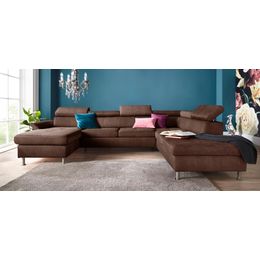 Wohnlandschaft exxpo - SOFA FASHION "Maretto, bequem und komfortabel, viel Platz, Breite 330cm, U-Form", braun (schoko), B:330cm H:96cm T:230cm, Luxus-Microfaser Vintageoptik (100% Polyester);Webstoff, Sofas, Wohnlandschaft, inkl. Kopfteilverstellung f&uuml;r mehr Sitzkomfort, wahlweise Bettfunktion
