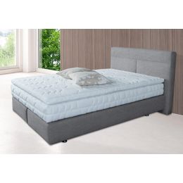Boxspringbett, grau (hellgrau), B:155cm L:212cm, Bezug Kaltschaum-Topper: 100% Polyester, beidseitig mit Klimafaser versteppt. Abnehmbar und bei 40 C waschbar.;Bezug Kopfteil und seitliche Unterboxen: feiner Strukturstoff aus 77% Polyester, 23% Viskose.;Bezug Obermatratze: 100% Polyester, Westfalia Schlafkomfort, Komplettbetten, Boxspringbett