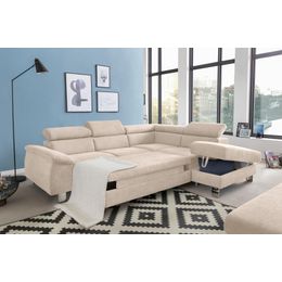 Ecksofa COTTA "Komaris L-Form, B: 249 cm", beige, B:249cm H:72cm T:100cm, Microfaser PRIMABELLE (100% Polyester);Kunstleder SOFTLUX;Feinstruktur (100% Polyester);Kunstleder SOFTLUX/Struktur (100% Polyester);NaturLEDER, Sofas, Ecksofa, mit Kopfteilverstellung, optional Bettfunktion, Bettkasten & Licht