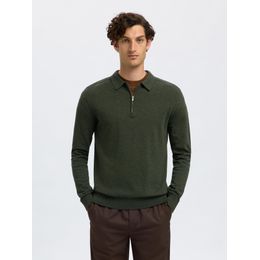 Polokragenpullover Selected "SLHBERG LS HALF ZIP POLO NOOS", Herren, Gr. XL, forest night detail:twist, Strick, Obermaterial: 100% Baumwolle, unifarben, regular fit normal, Rundhals, Pullover Polokragenpullover