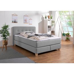 Boxspringbett Home Affaire "Fargo", grau (hellgrau), B:153cm L:227cm, Struktur fein (100% Polyester);Samtstoff (100% Polyester), Komplettbetten, Boxspringbett, in &Uuml;berl&auml;nge 220 cm, mit Topper, 3 Ausf&uuml;hrungen, 4, Breiten