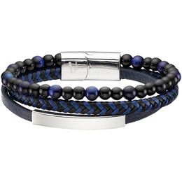 Lederarmband Bruno Banani "Schmuck", schwarz (edelstahlfarben, blau, schwarz, blau, schwarz), Armb&auml;nder, Damen, 21cm, Edelstahl Leder, Edelstahl, Leder, Lederarmband, mit Tigerauge (synth.)