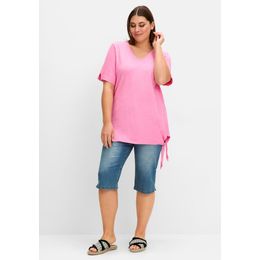 T-Shirt sheego "T-Shirt", Damen, Gr. 48, rosa (blumiges pink), 50% Baumwolle, 50% Modal, unifarben, V-Ausschnitt, Shirts T-Shirt